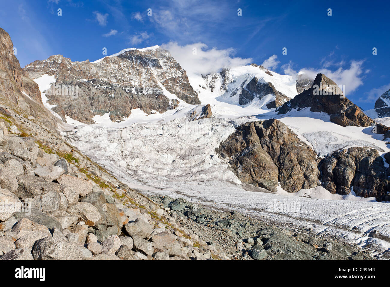 Ascent to Piz Morteratsch Mountain in front of the Bianco Ridge and Piz ...