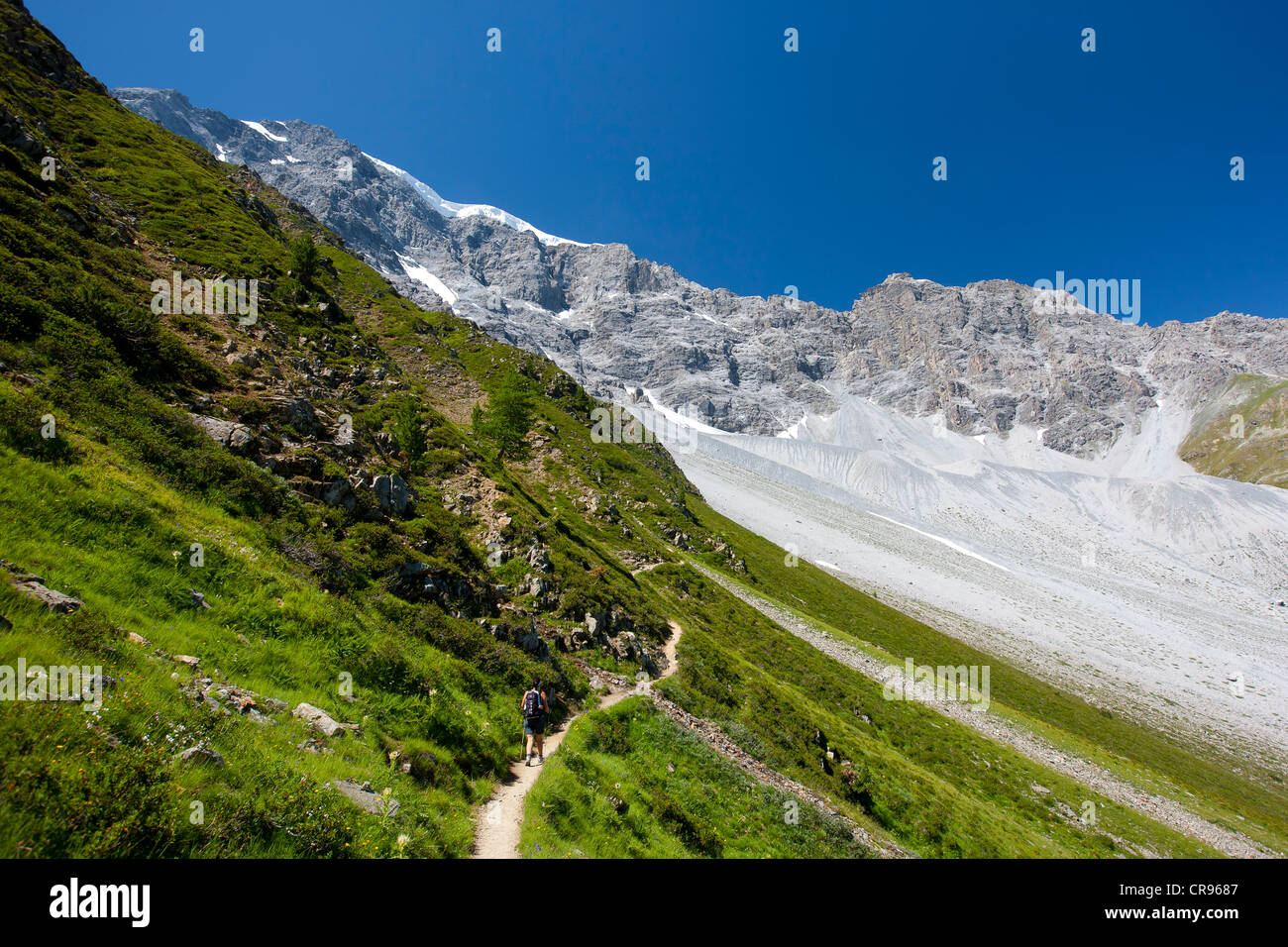 Hiker in the Ortler Alps mountain range, South Tyrol, Italy, Europe ...