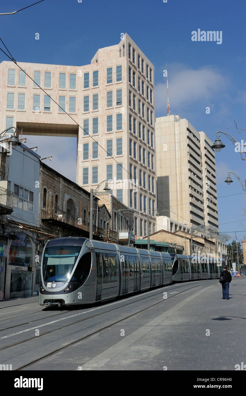 Street scene on the Jaffa Road with a tram of the new tram line, light ...