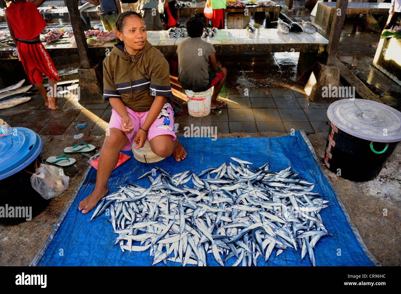 Fish vendor at the fish market in Kota Biak offering freshly caught ...