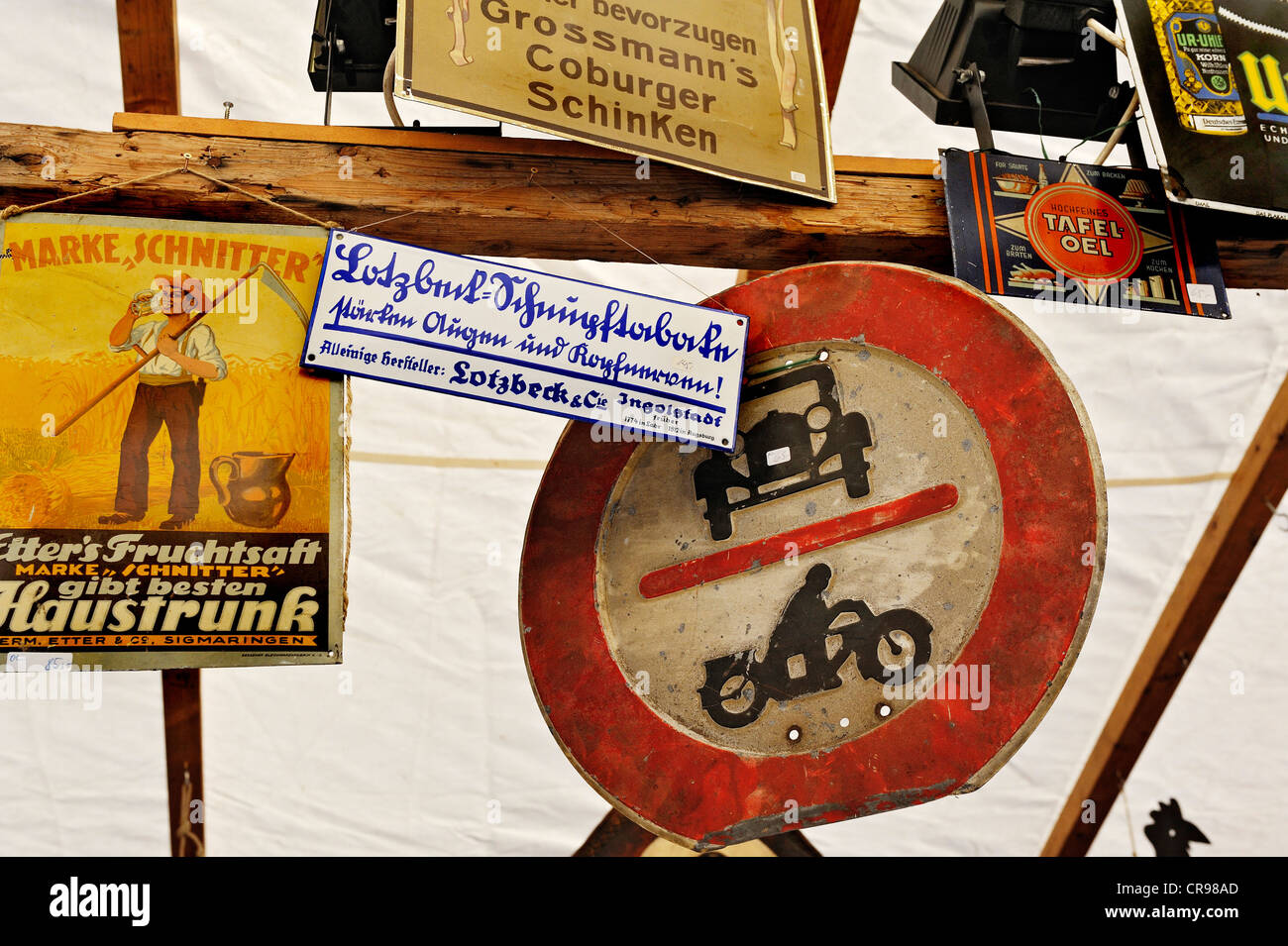 Old advertising and traffic signs, Auer Dult market, Munich, Bavaria ...