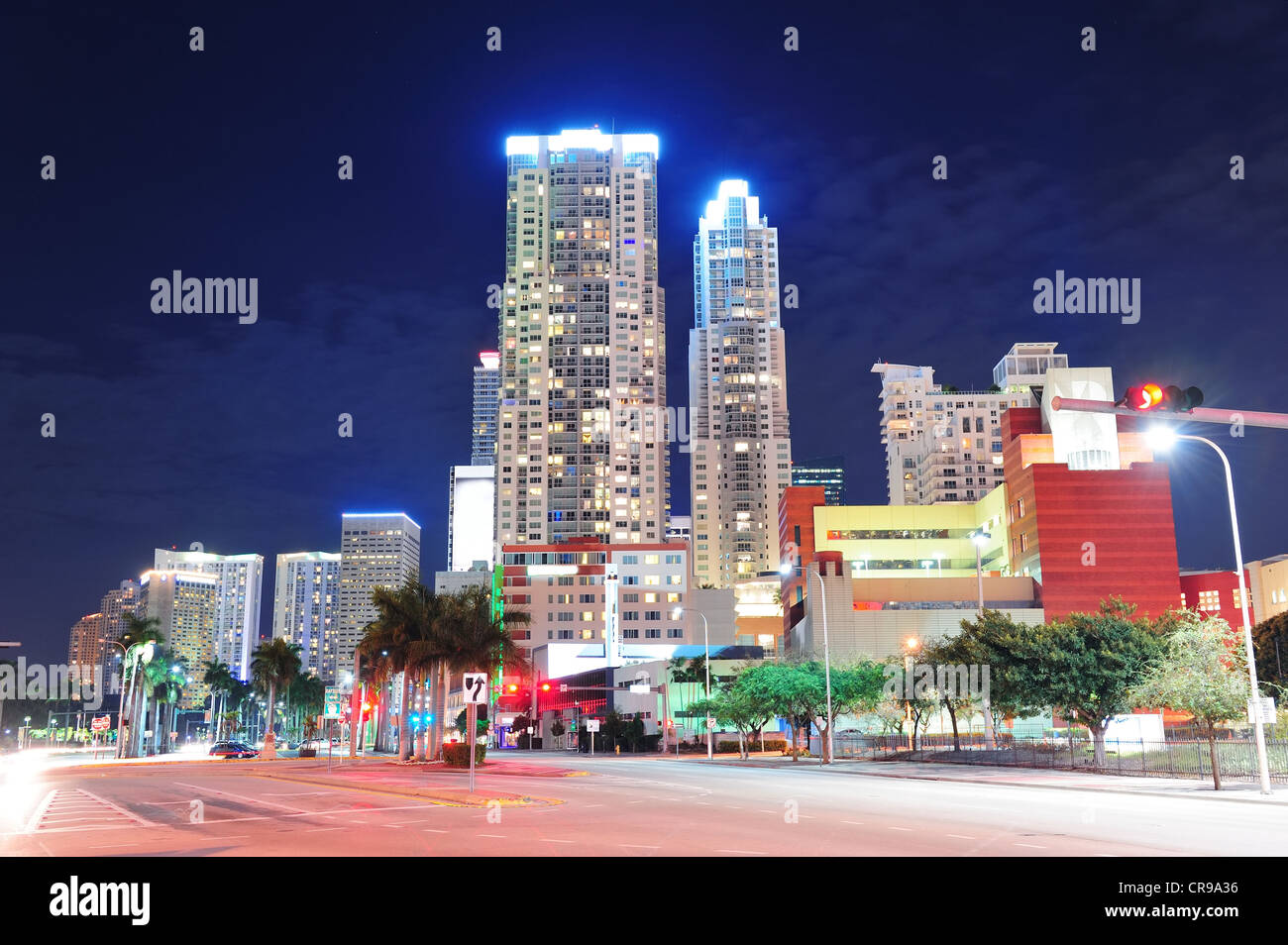 Miami downtown street view at night with hotels Stock Photo - Alamy
