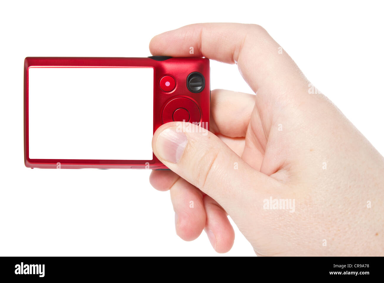 hand with red digital photo camera. isolated on white background Stock ...