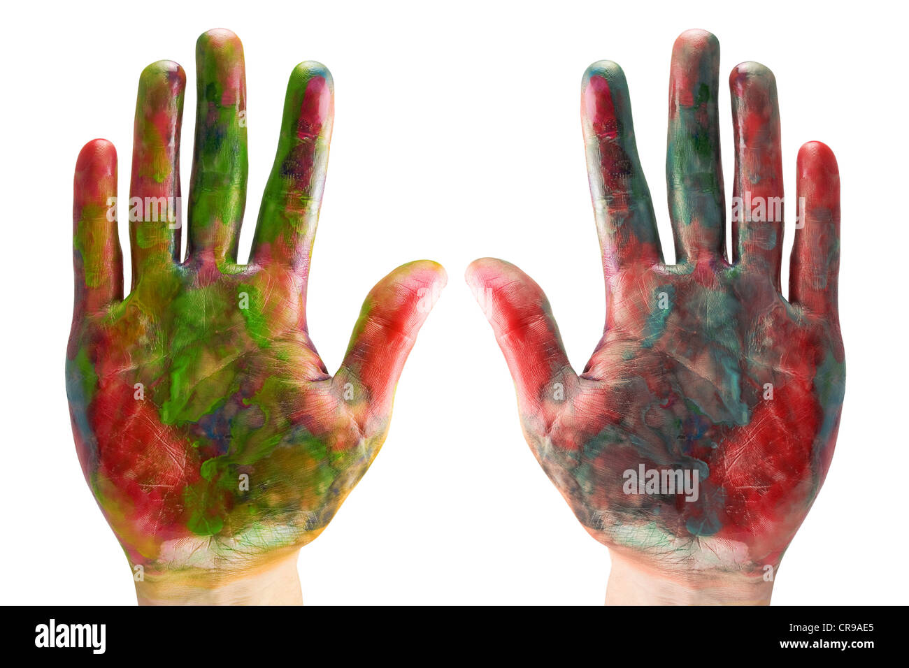two painted hands isolated on white background Stock Photo - Alamy