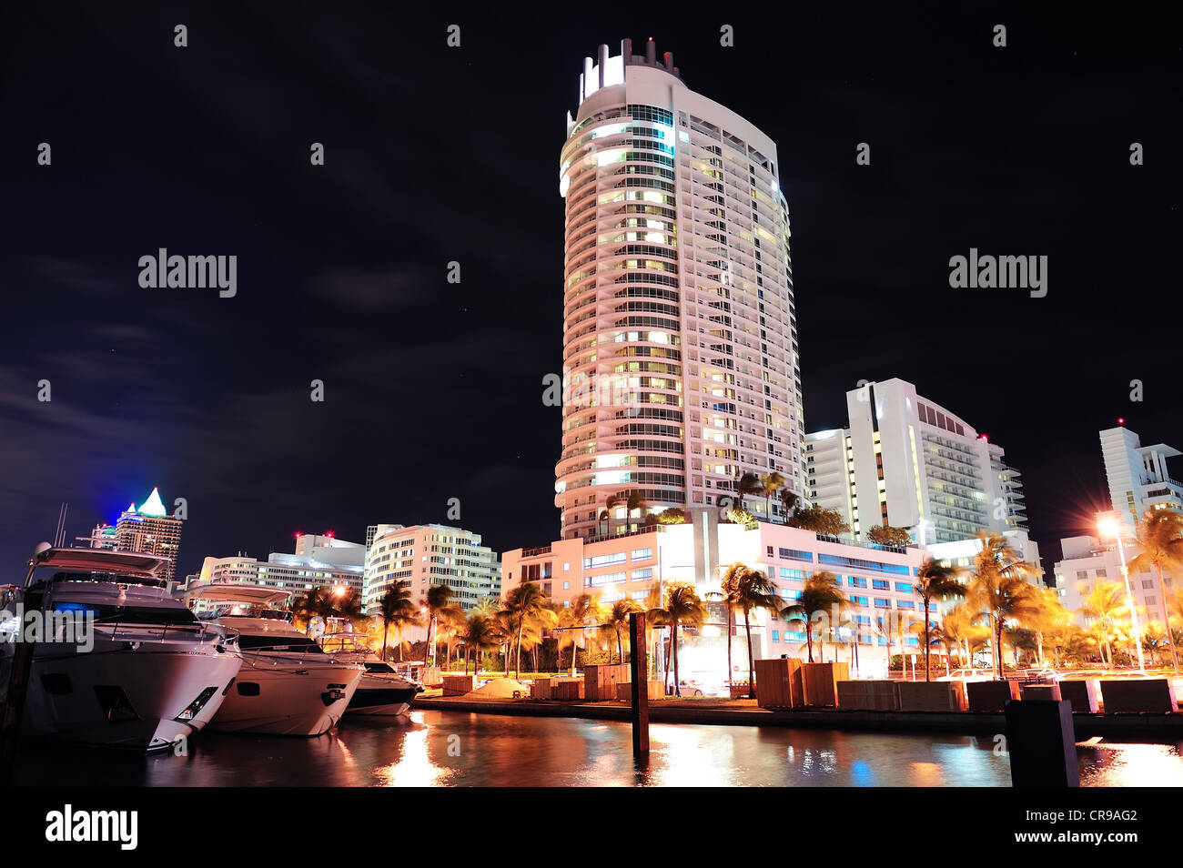 Miami south beach street view with water reflections at night Stock ...