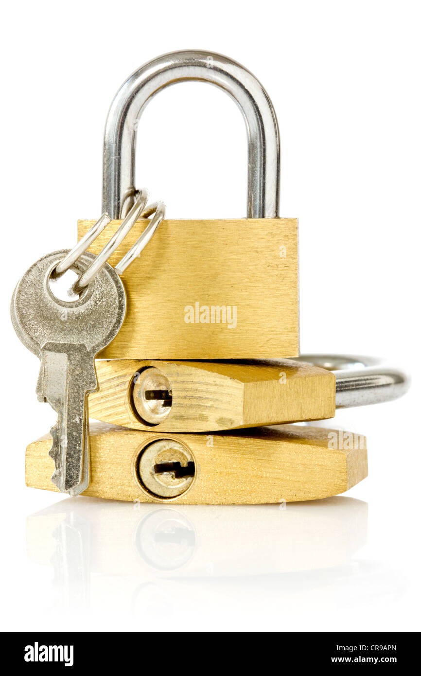 three golden padlocks over a white background Stock Photo - Alamy