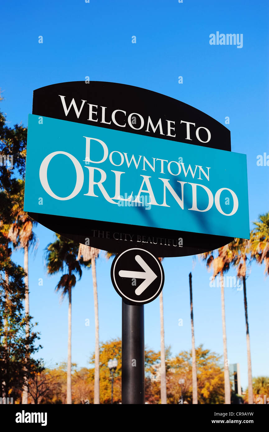 Orlando downtown welcome sign with tropical scene Stock Photo - Alamy