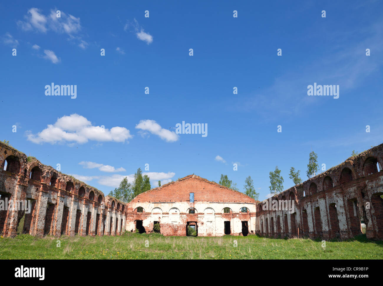 Abandoned Russian landmark: ruins of old military quarters. Was built ...