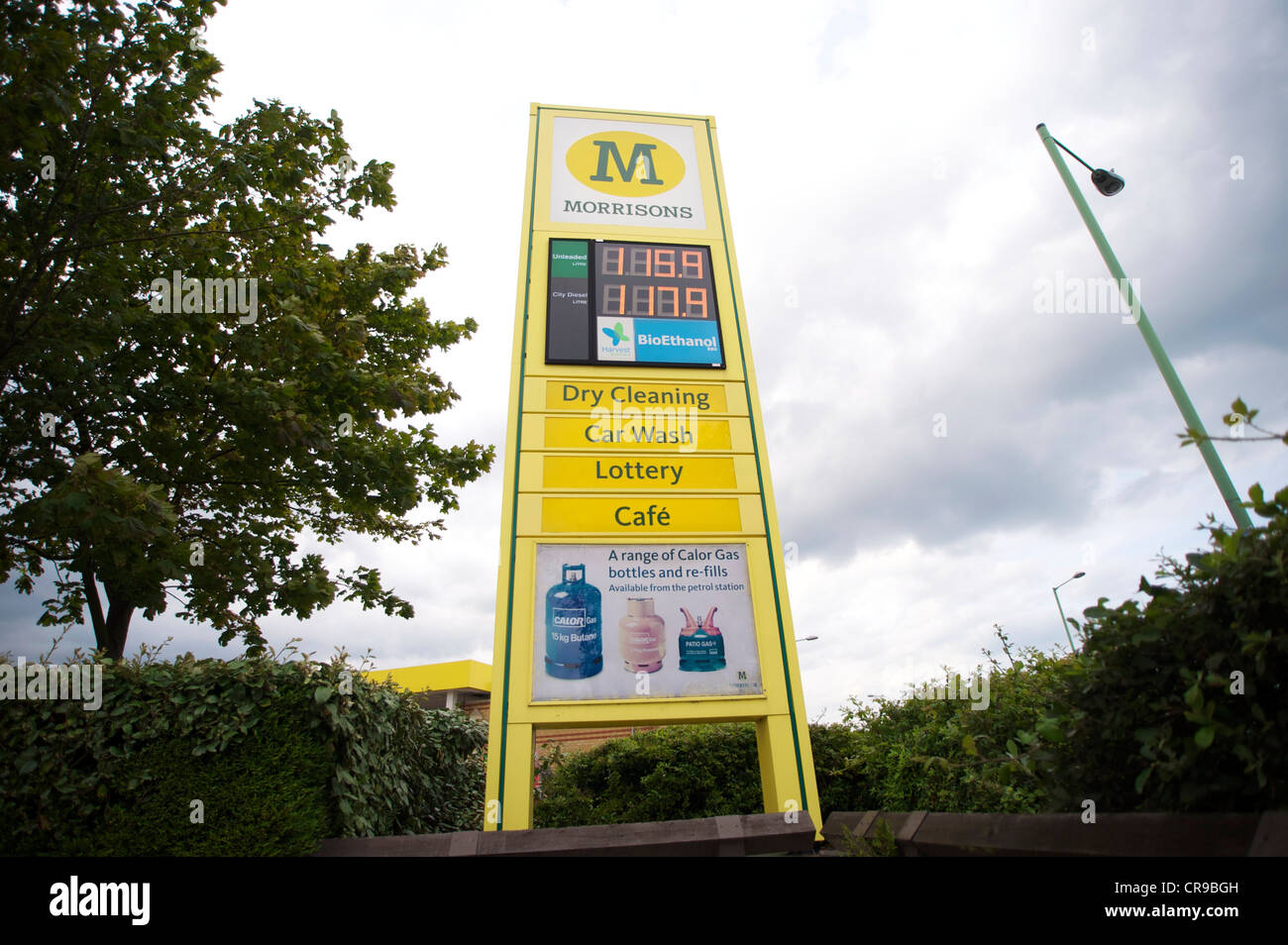 Morrisons Petrol Station Signs with prices for fuel Stock Photo - Alamy