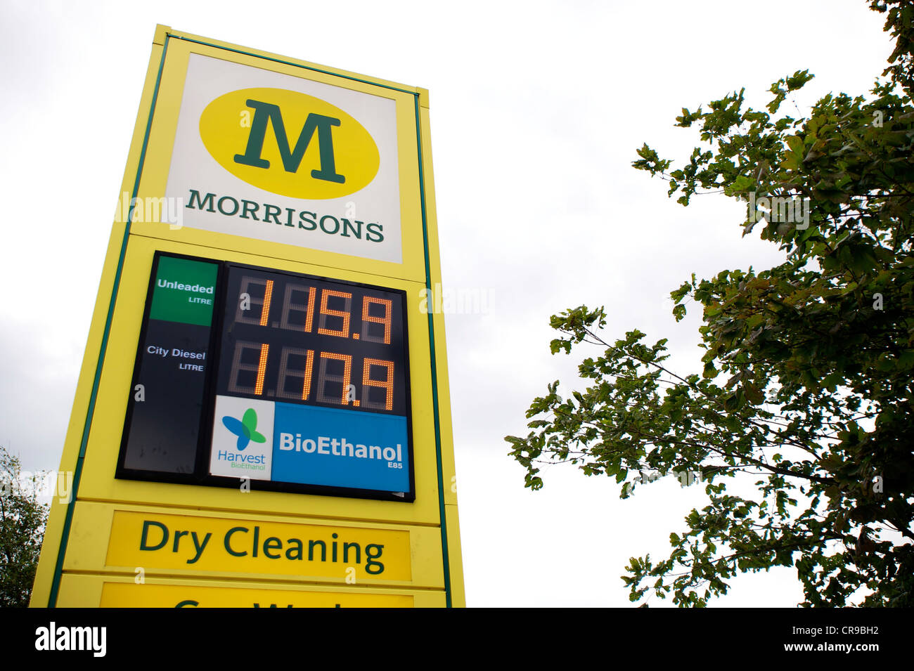Morrisons Petrol Station Signs with prices for fuel Stock Photo - Alamy