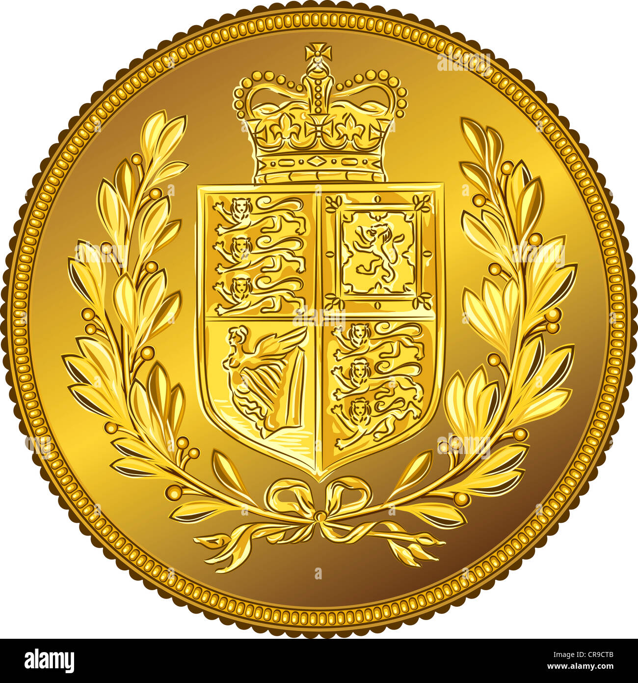 British money gold coin Sovereign with the image of a heraldic shield ...