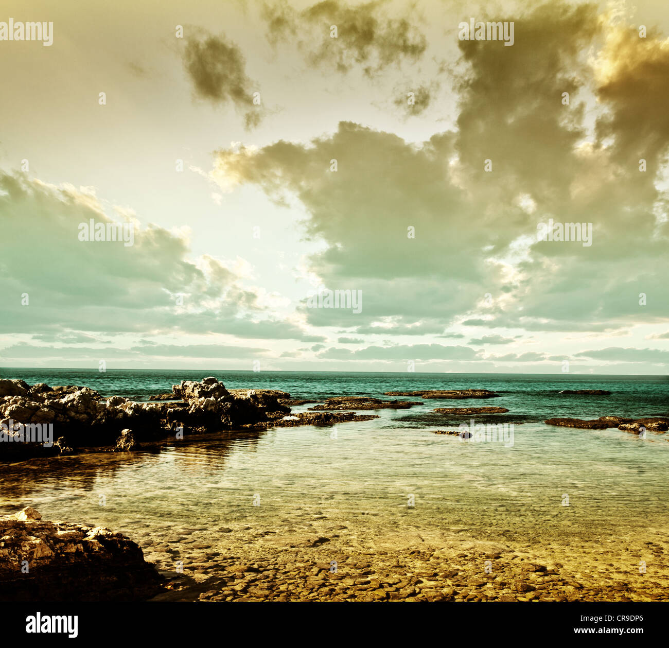 Grunge sea landscape, beautiful peaceful seaview, calm ocean water ...