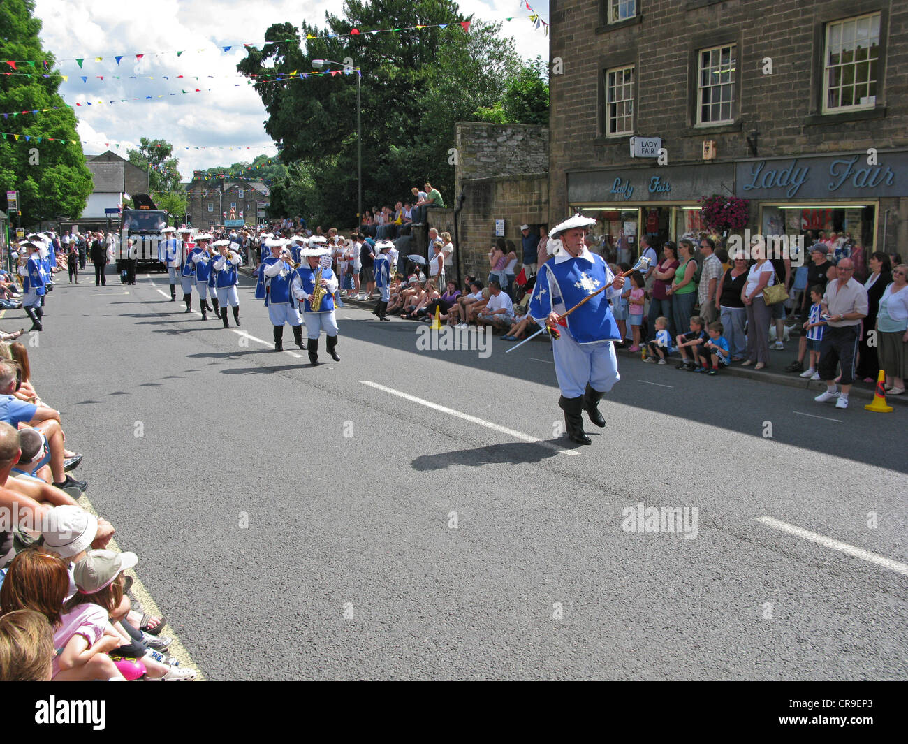 Bakewell carnival parade in Derbyshire 2009. Marching band being ...