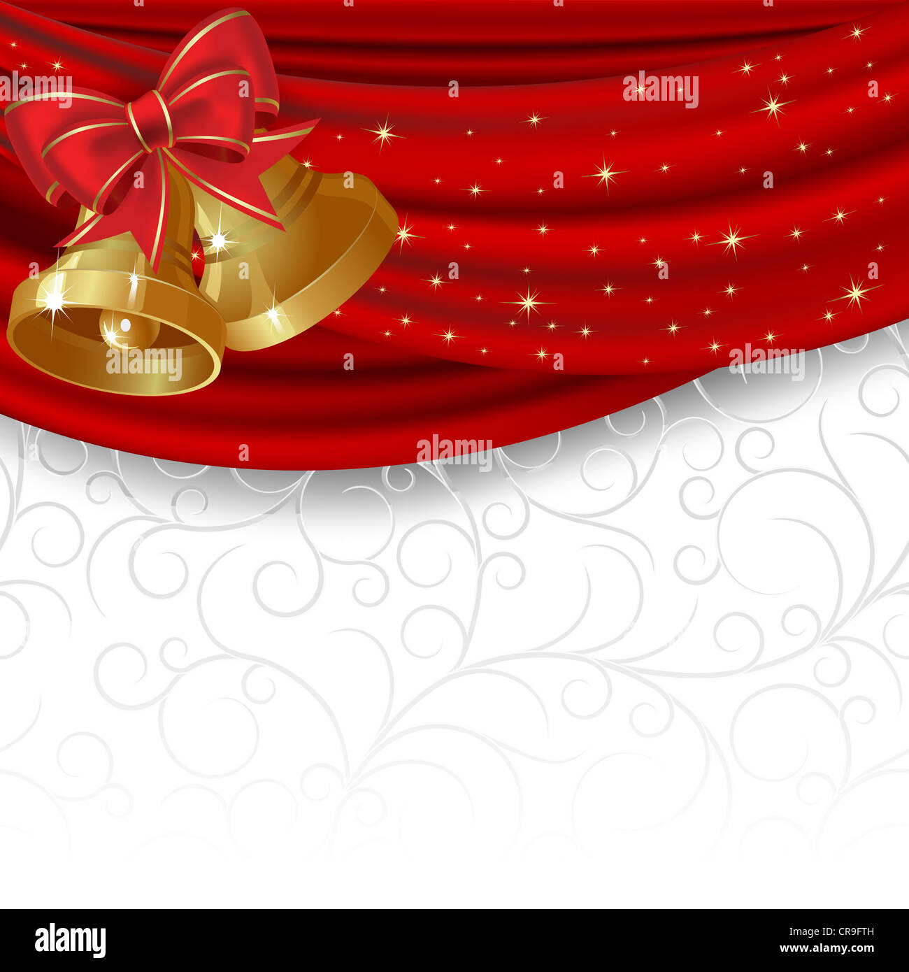 Christmas background with red curtain and gold bell Stock Photo - Alamy