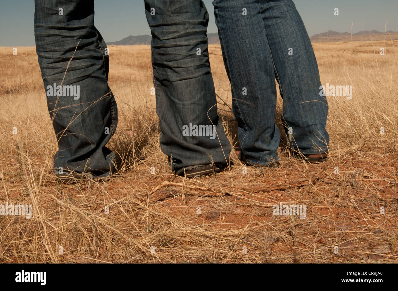 Couple in jeans looking over a grass field Stock Photo - Alamy