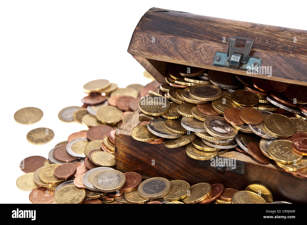 Wooden treasure box (macro view) with coins isolated on white ...
