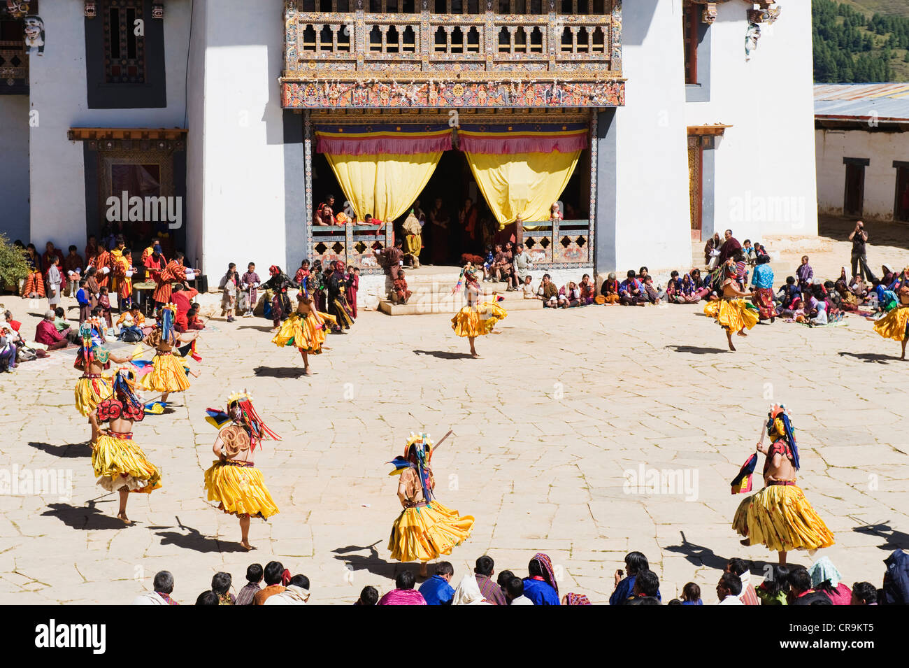 dance performers at Tsechu festival, Gangtey Gompa Monastery, Phobjikha valley, Bhutan, Asia ...