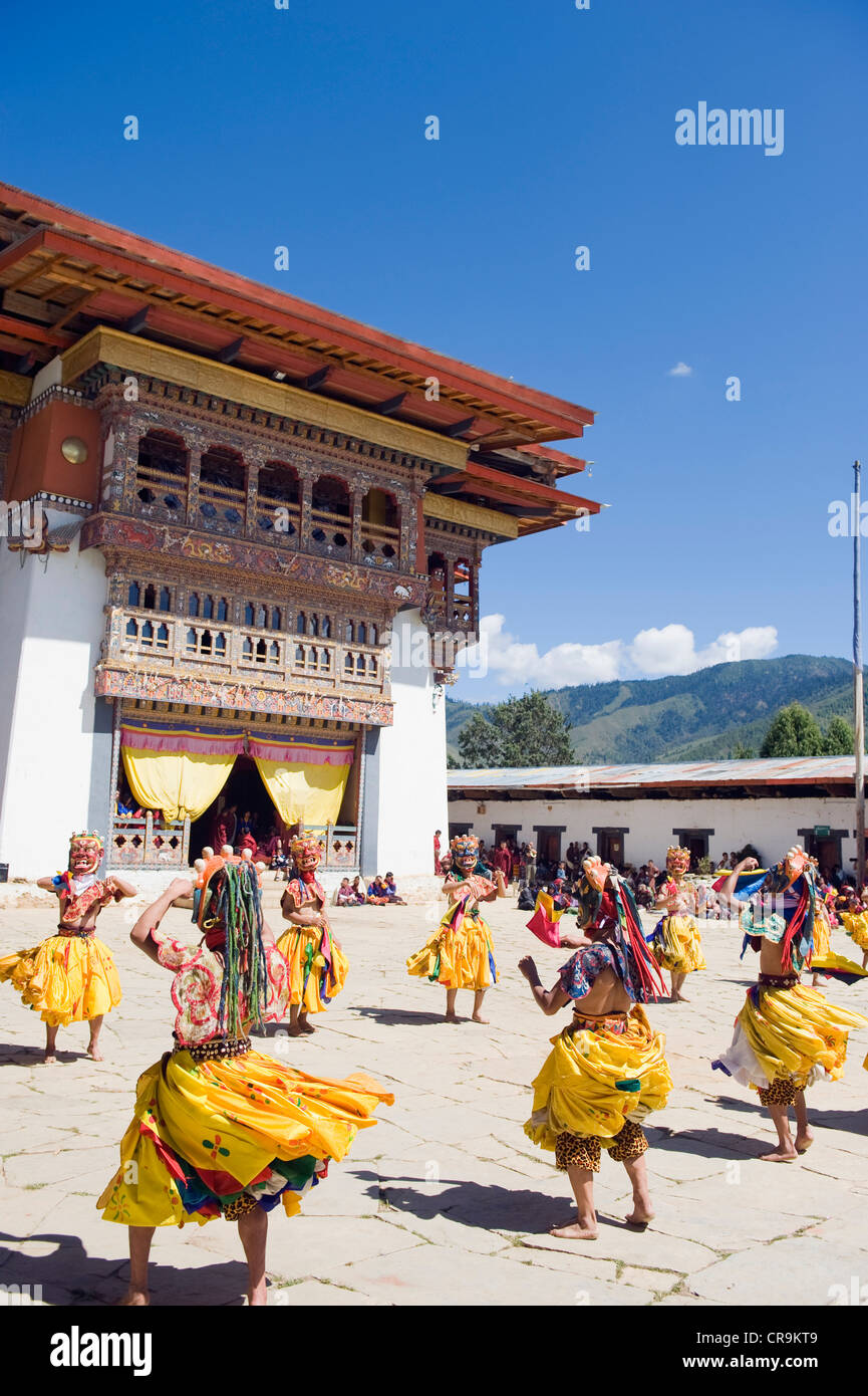 dance performers at Tsechu festival, Gangtey Gompa Monastery, Phobjikha valley, Bhutan, Asia ...