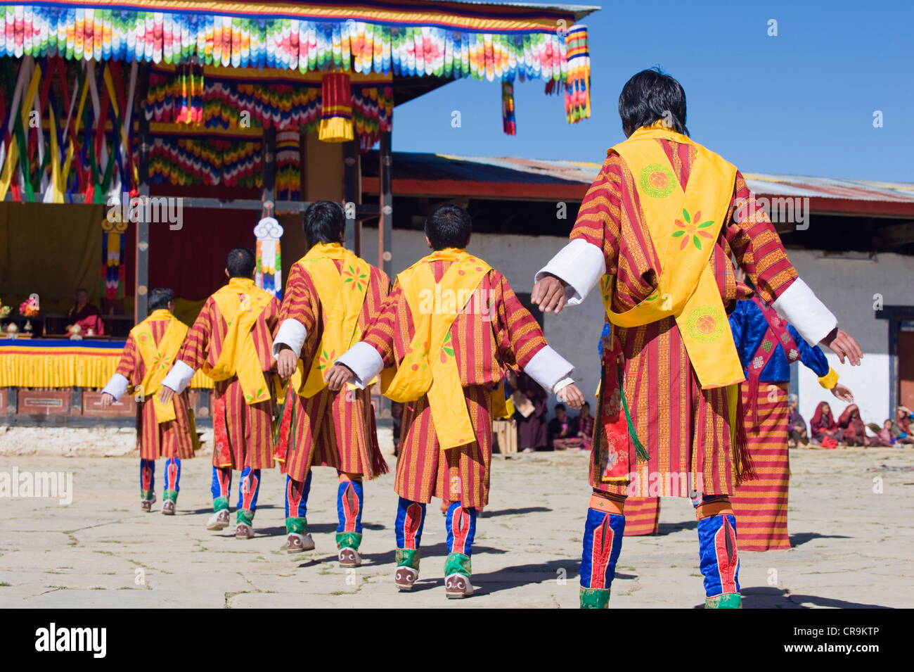dance performers at Tsechu festival, Gangtey Gompa Monastery, Phobjikha valley, Bhutan, Asia ...
