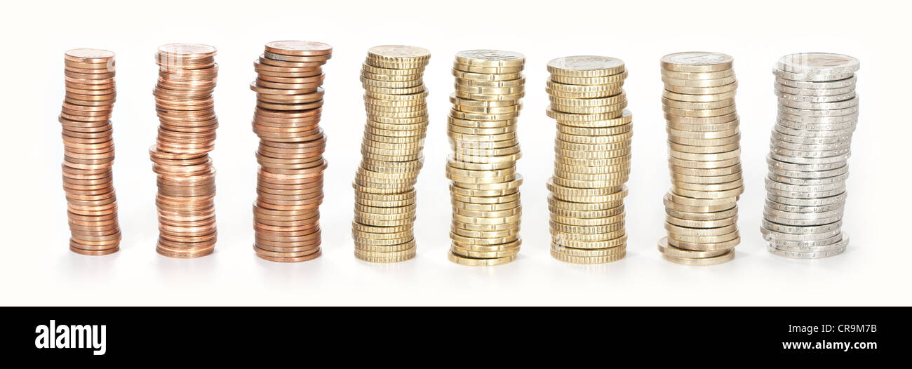 Stacked Euro-Coins (all from 1 Cent to 2 Euro) Isolated on white ...