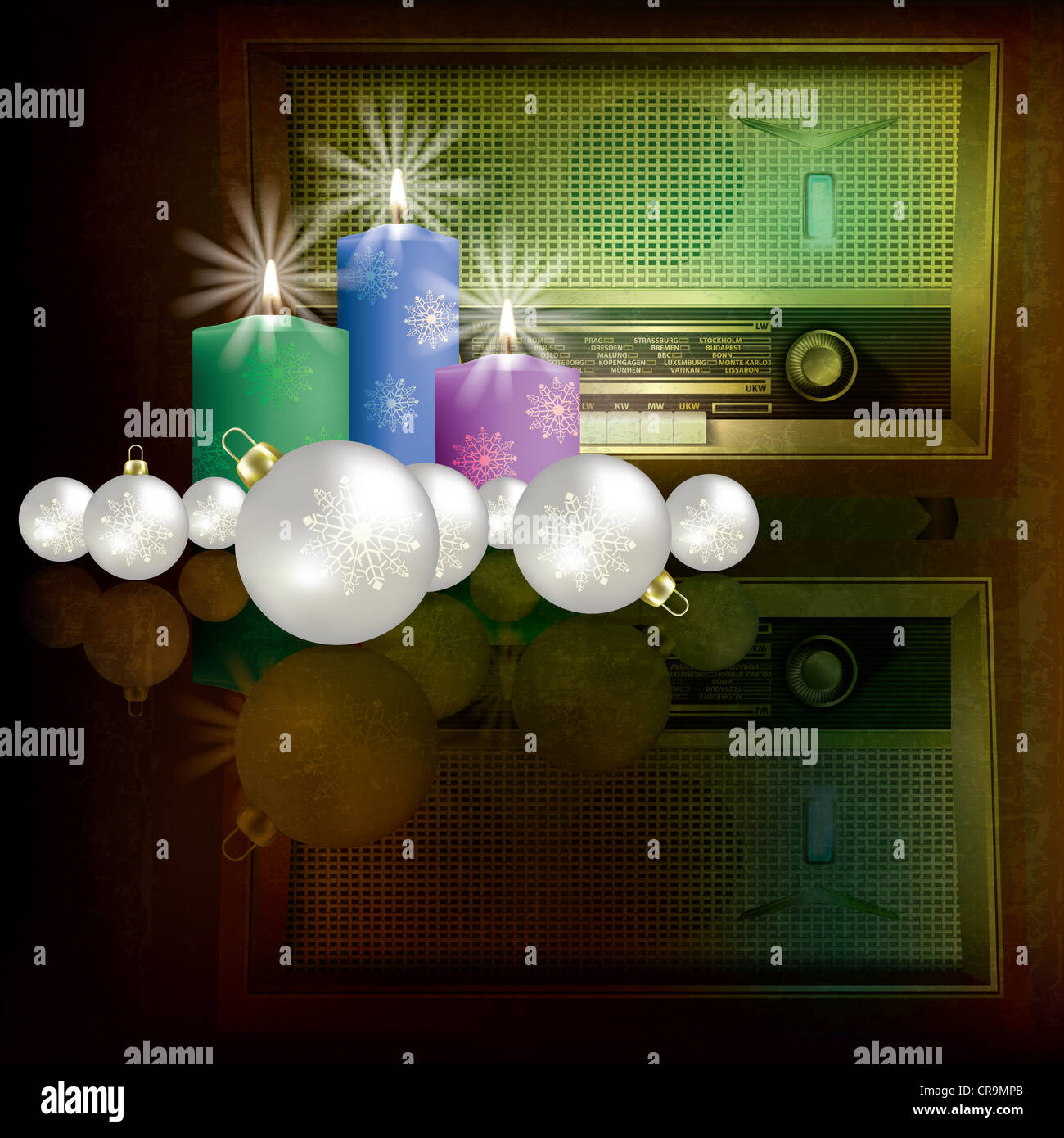 abstract christmas background with retro radio and candles Stock Photo ...
