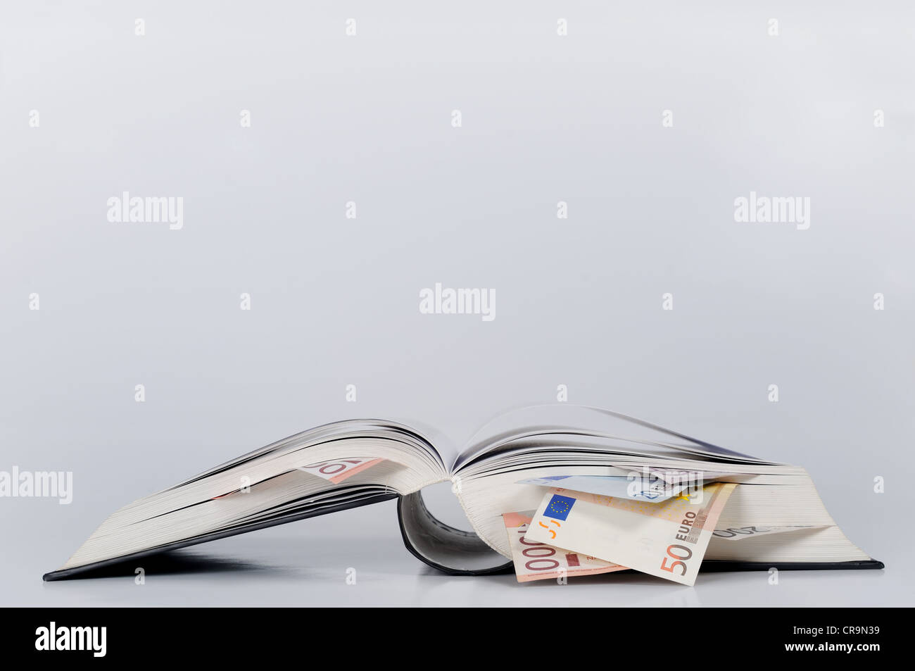 Euro banknotes between sheets in open book Stock Photo - Alamy
