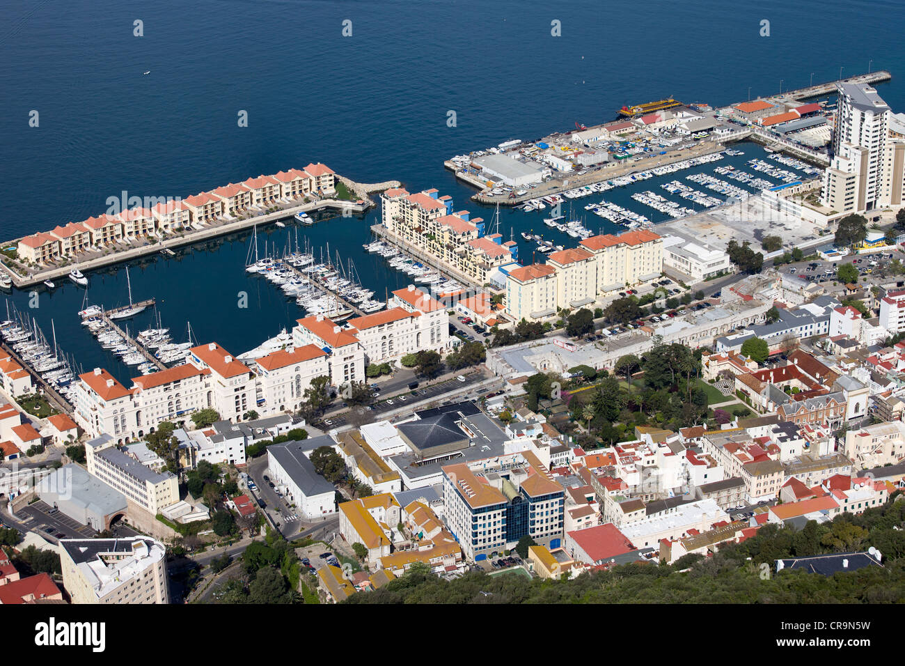 Aerial view on the Gibraltar harbour and housing developments, southern ...
