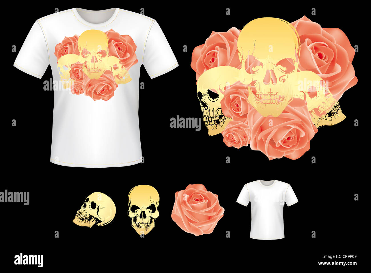 Shirt design with skulls and roses Stock Photo - Alamy