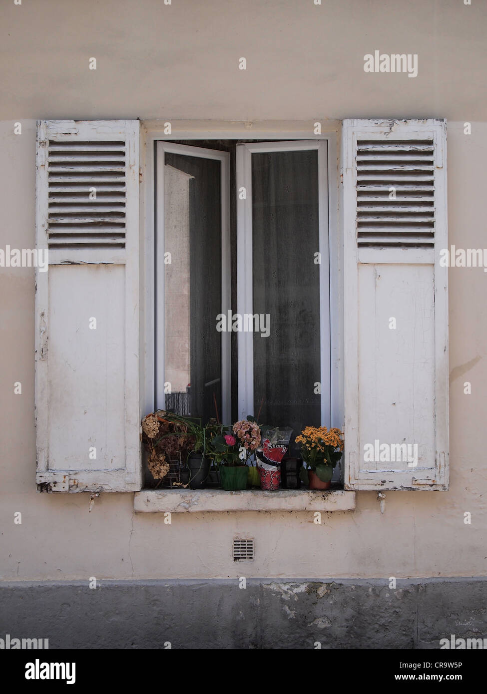 Open window with shutters and dying potted flowers, Paris, France, May ...