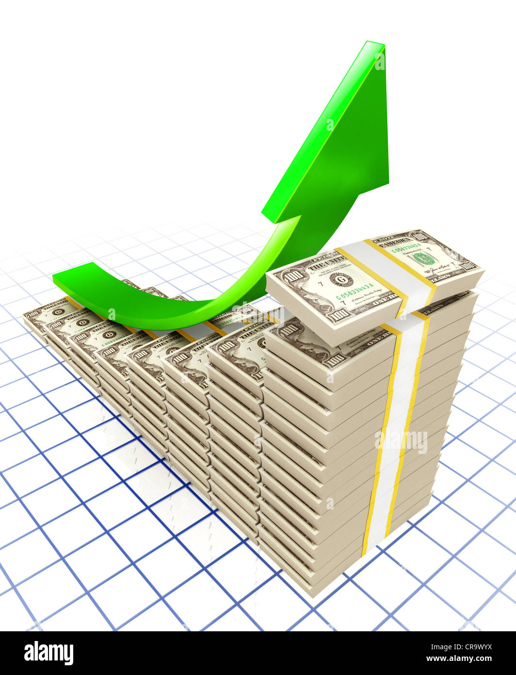 3d illustration of dollar raising charts and upward green arrow Stock ...