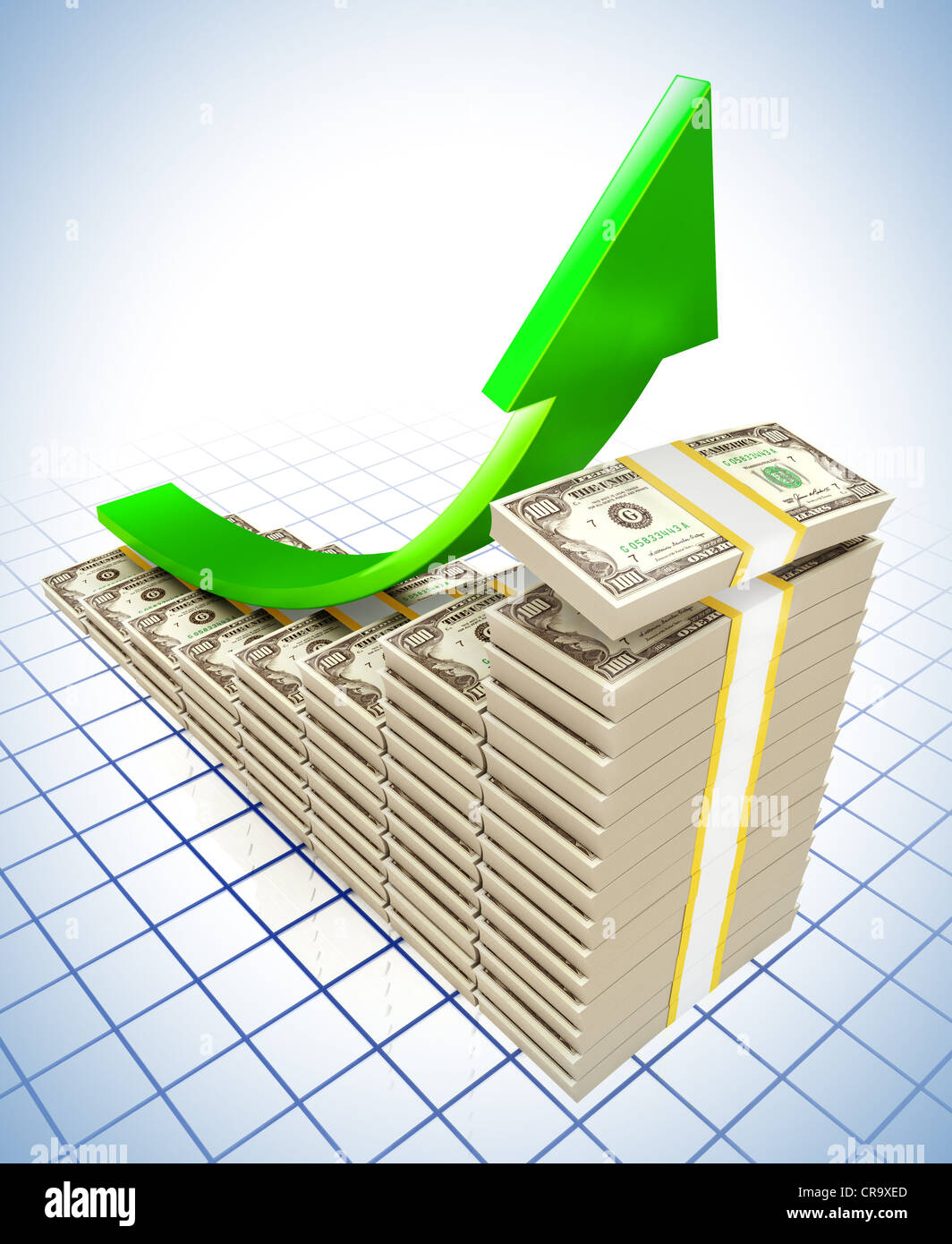 3d illustration of dollar raising charts and upward green arrow Stock ...
