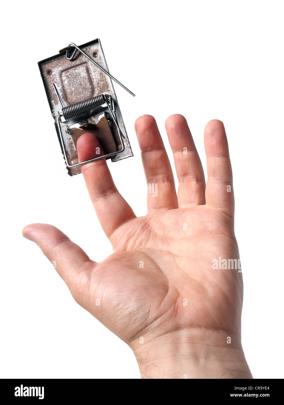 Finger caught with a mousetrap on a white background Stock Photo - Alamy