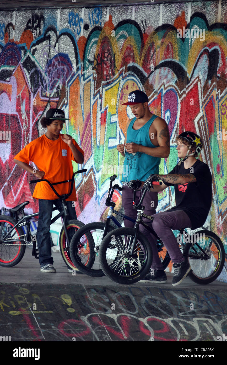 BMX bike riders in the Southbank skate park, near Waterloo. Known as ...
