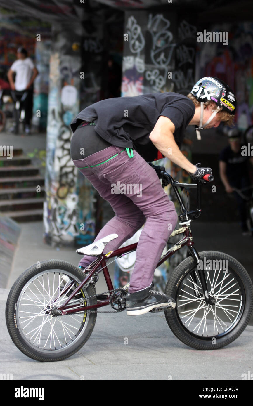 BMX bike riders in the Southbank skate park, near Waterloo. Known as ...