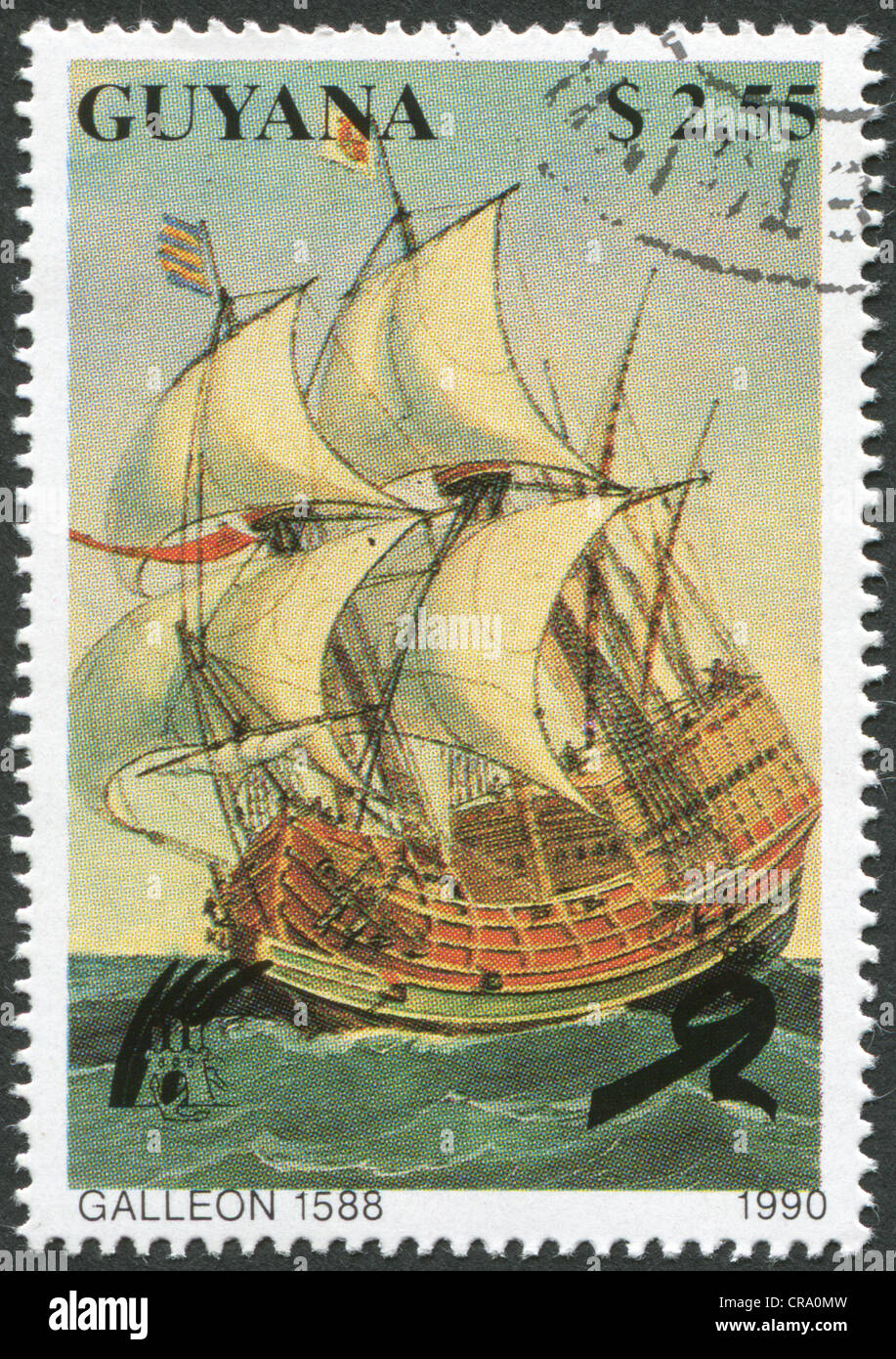GUYANA - CIRCA 1990: A stamp printed in the Guyana, represented Galleon ...