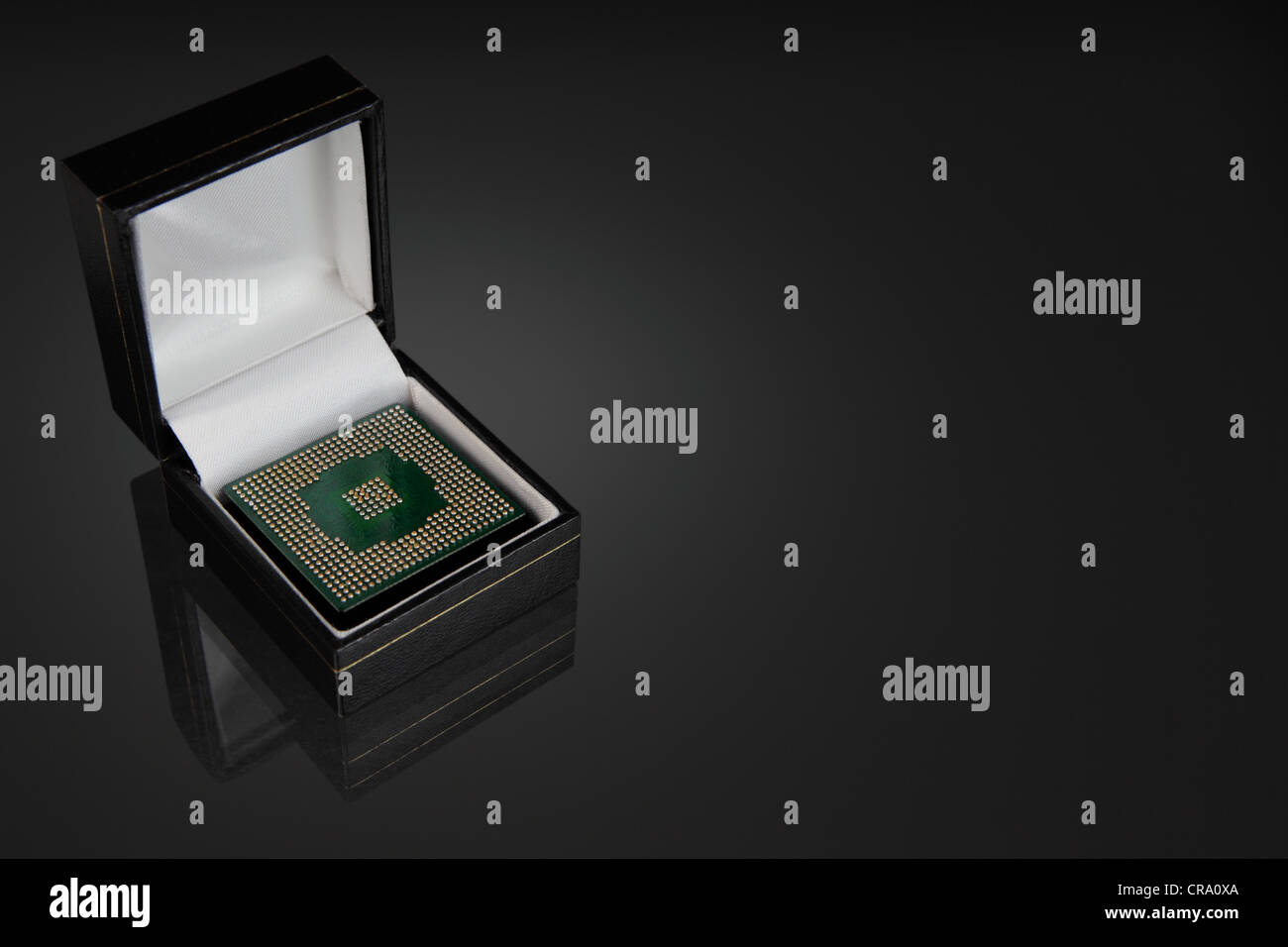A microprocessor placed inside a small jewelry box. Room for copy-space ...