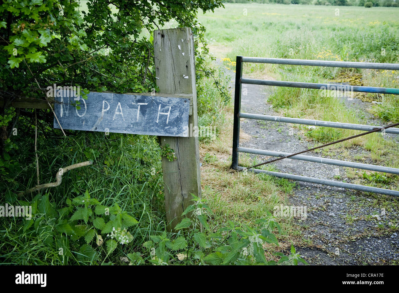 A 'No Path' wooden sign by a metal gate Stock Photo - Alamy