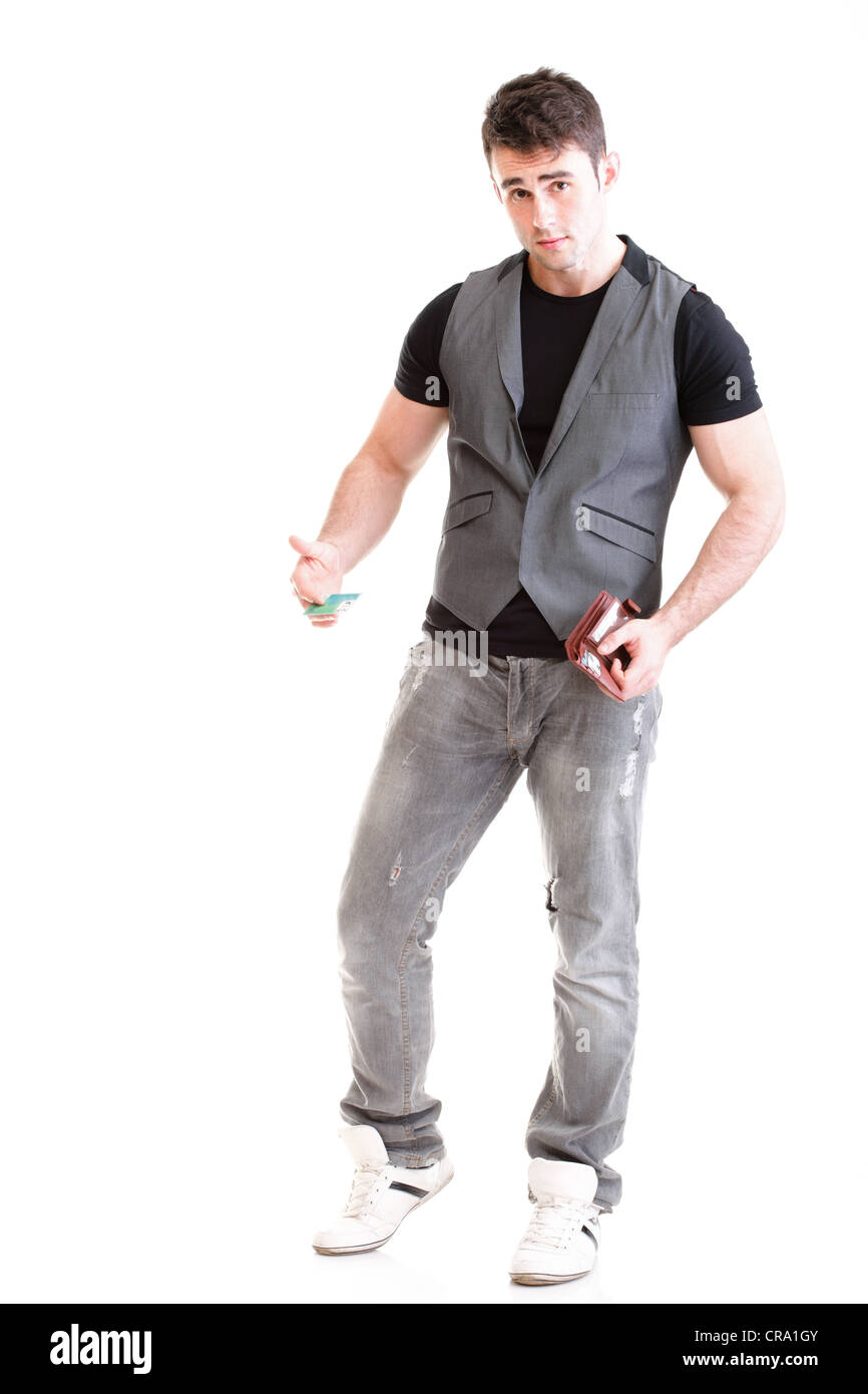 Full length portrait school boy show demonstrate palm for product ...