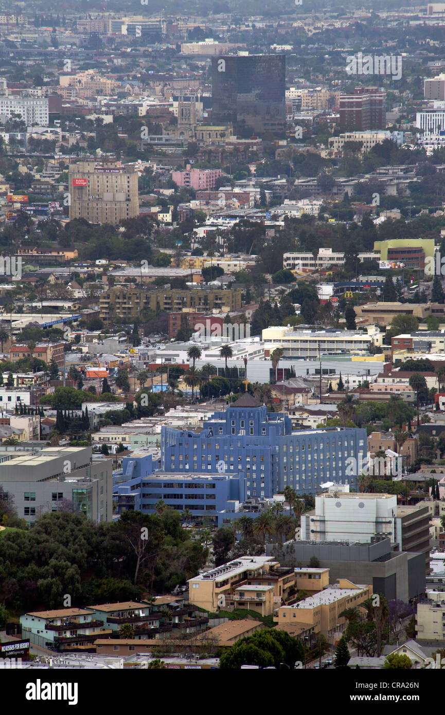 Aerial view of Los Angeles with the blue building of the church of ...