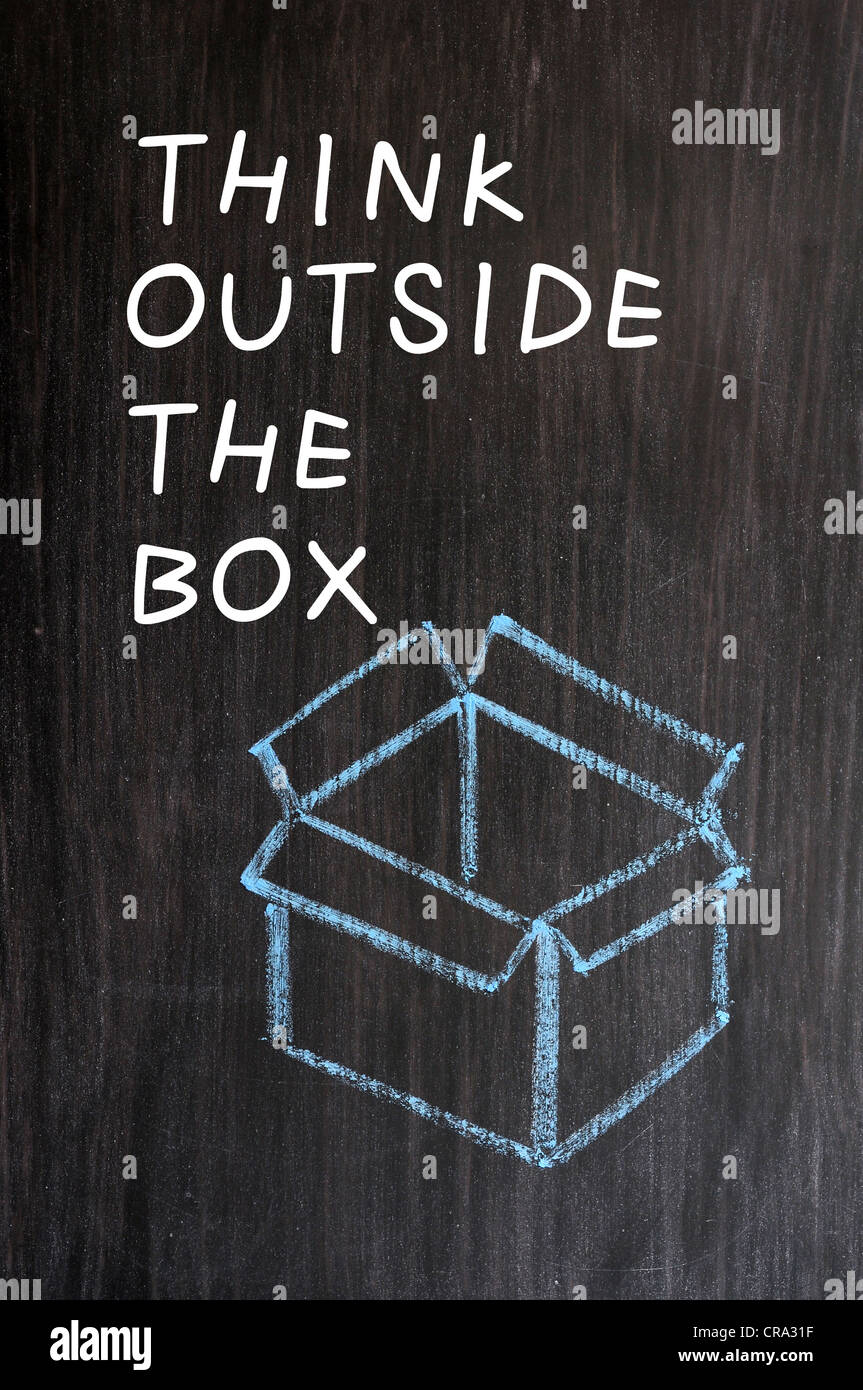 Concept of "Think outside the box" drawn with chalk on a blackboard ...