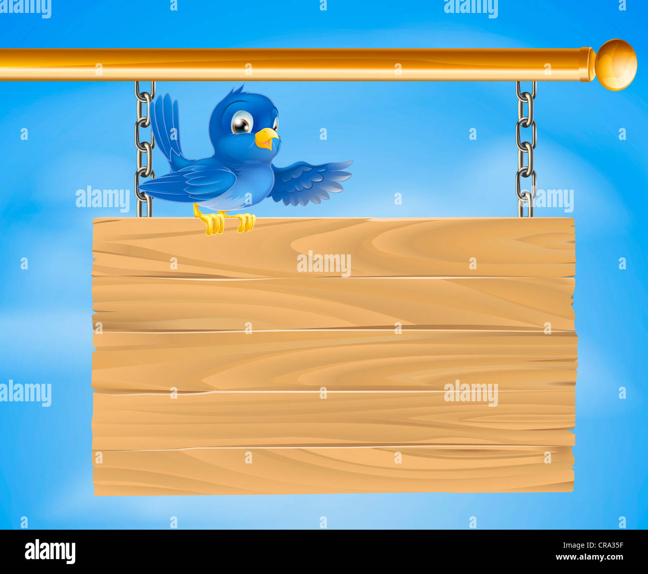 Illustration of a blue bird standing on a on wooden sign Stock Photo ...