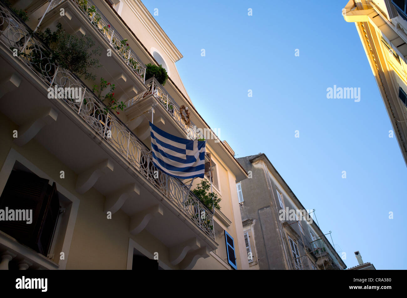 Greek flag, Corfu Old Town Stock Photo - Alamy