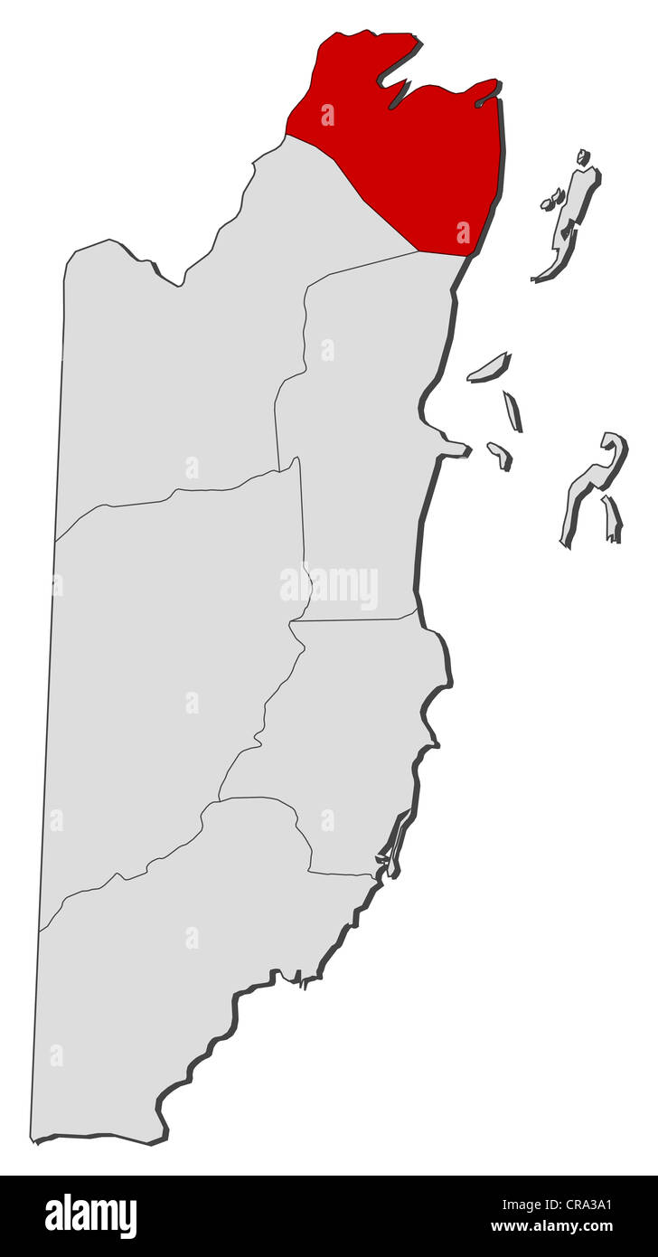Political map of Belize with the several provinces where Corozal is ...