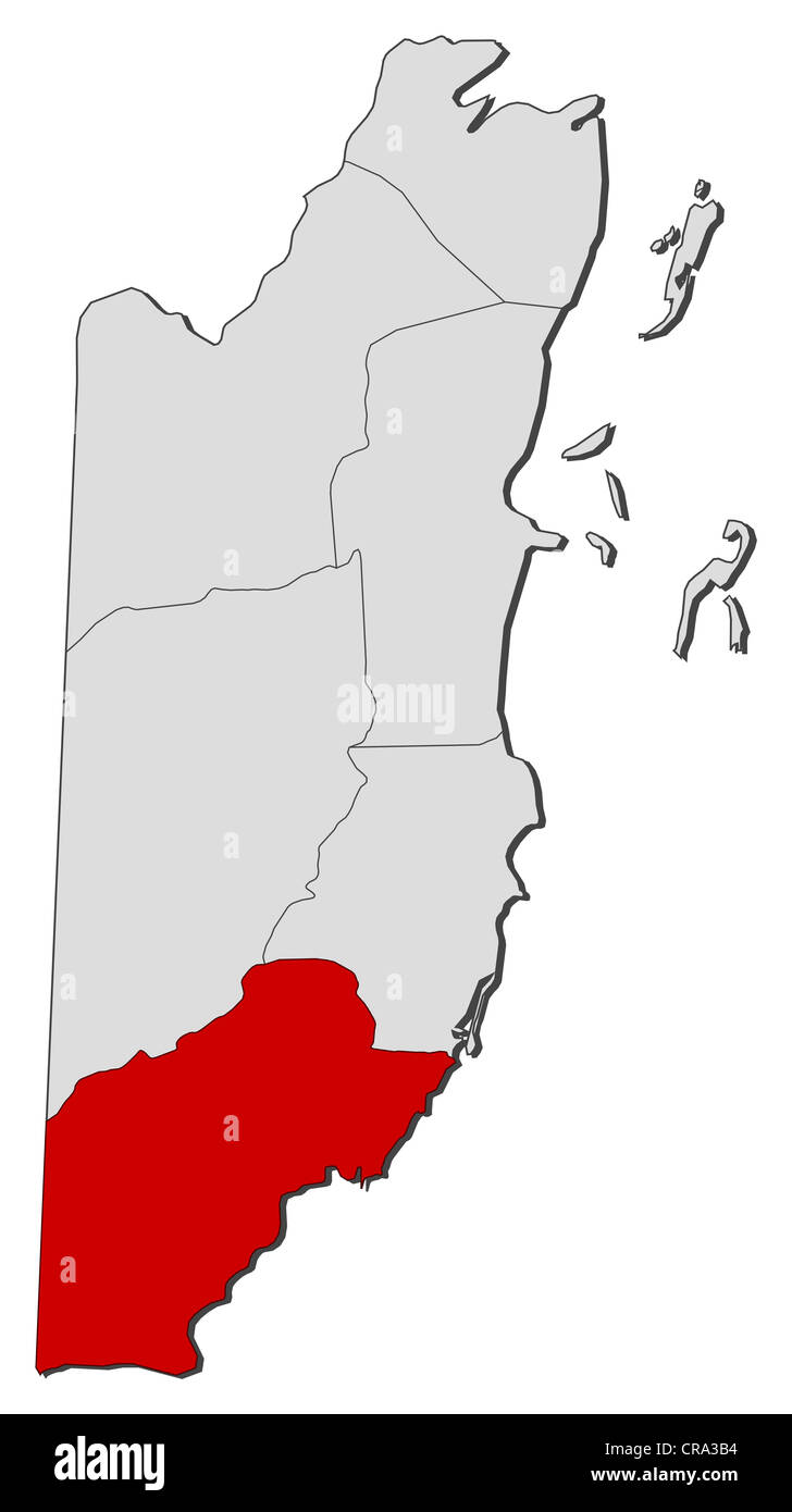 Political map of Belize with the several provinces where Toledo is ...