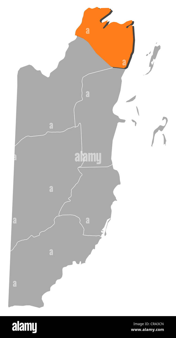 Political map of Belize with the several provinces where Corozal is ...