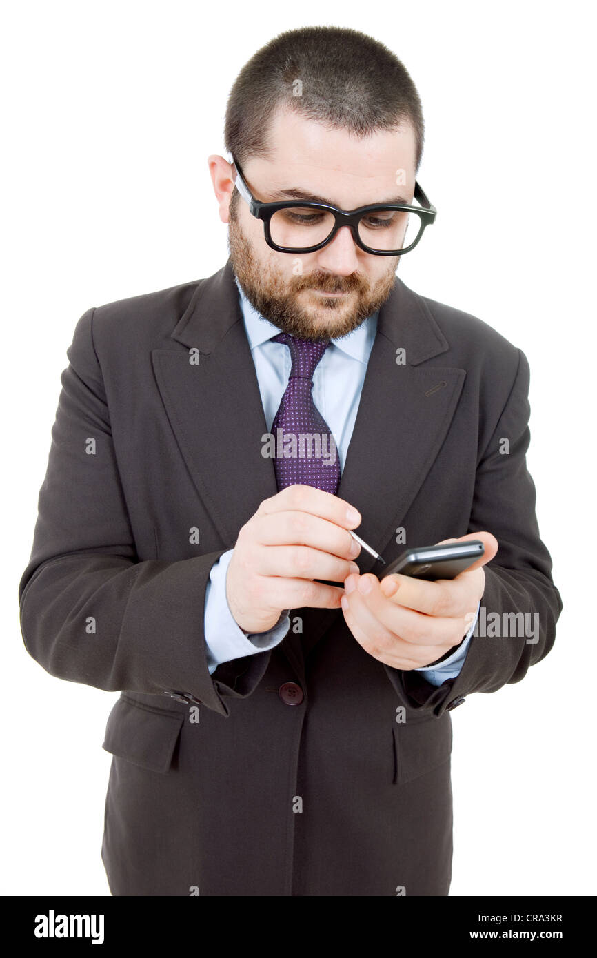 young business man looking to his phone, isolated Stock Photo - Alamy