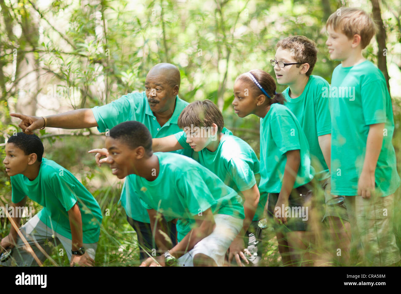 Students exploring forest with teacher Stock Photo - Alamy