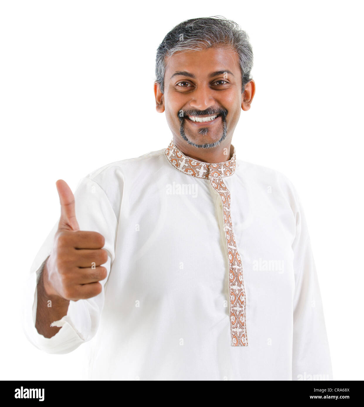 Excited thumb up Indian man in traditional costume kurta dhoti isolated ...