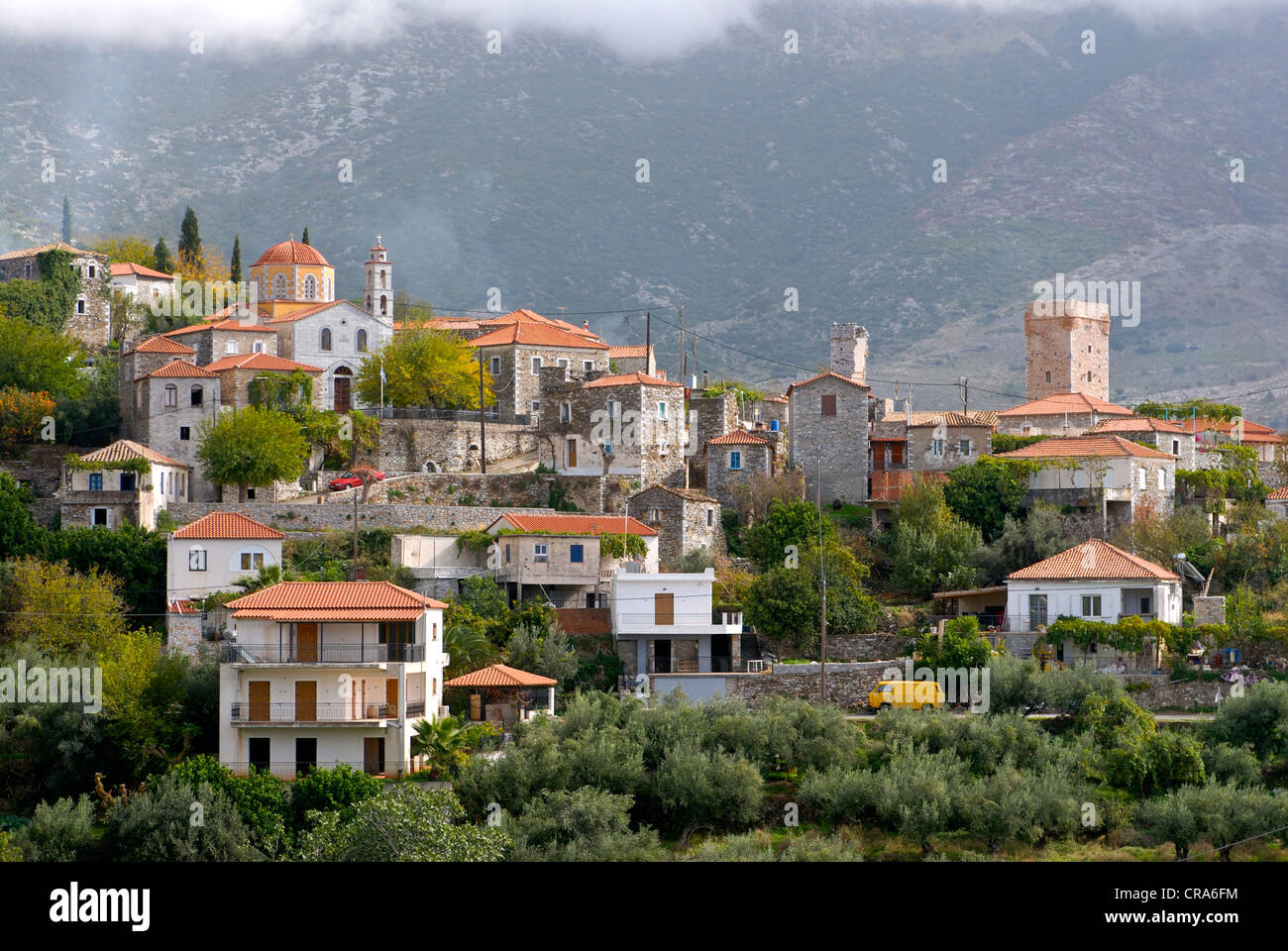The medieval village Malnia with its towers, Peloponnese, Greece ...