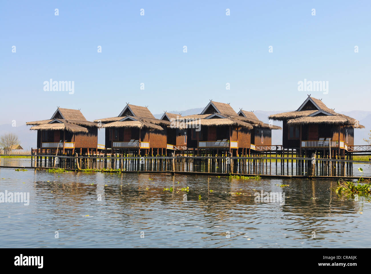 Bungalows of a luxury hotel on Inle Lake, Myanmar, Burma, Southeast ...